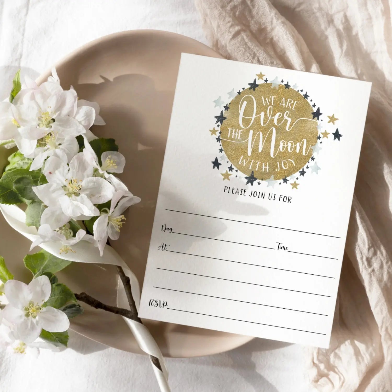 Over the Moon Invitations | Star & Moon Theme | 25 Pack 5x7 – Paper Clever Party